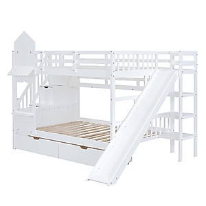 Harper & Bright Designs Full Over Full Bunk Bed with Stairs and Slide, Solid Wood Bunk Bed Frame with Storage Drawers and Bookshelf, for Kids Teens Adults- White