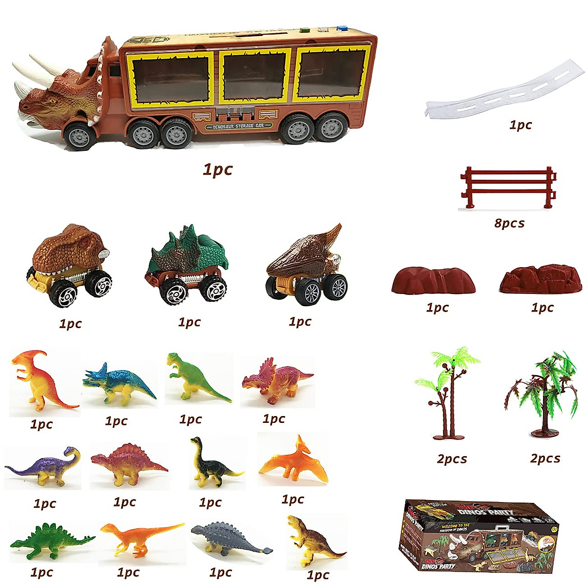 Dinoaur Toy Truck for Kids Dinosaur Toy Transport car Set 1 Large Dino Carrier Truck 3 Small Pull Back Cars and 12 Dinosaur Toy Set for Toys and Birthday Gifts for Boys girlss (Brown), DINO-28set