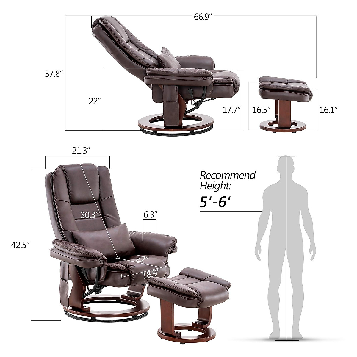 MCombo Recliner with Ottoman Chair Accent Recliner Chair with Vibration Massage, Removable Lumbar Pillow, 360 Degree Swivel Wood Base, Faux Leather 9096 (Dark Brown)