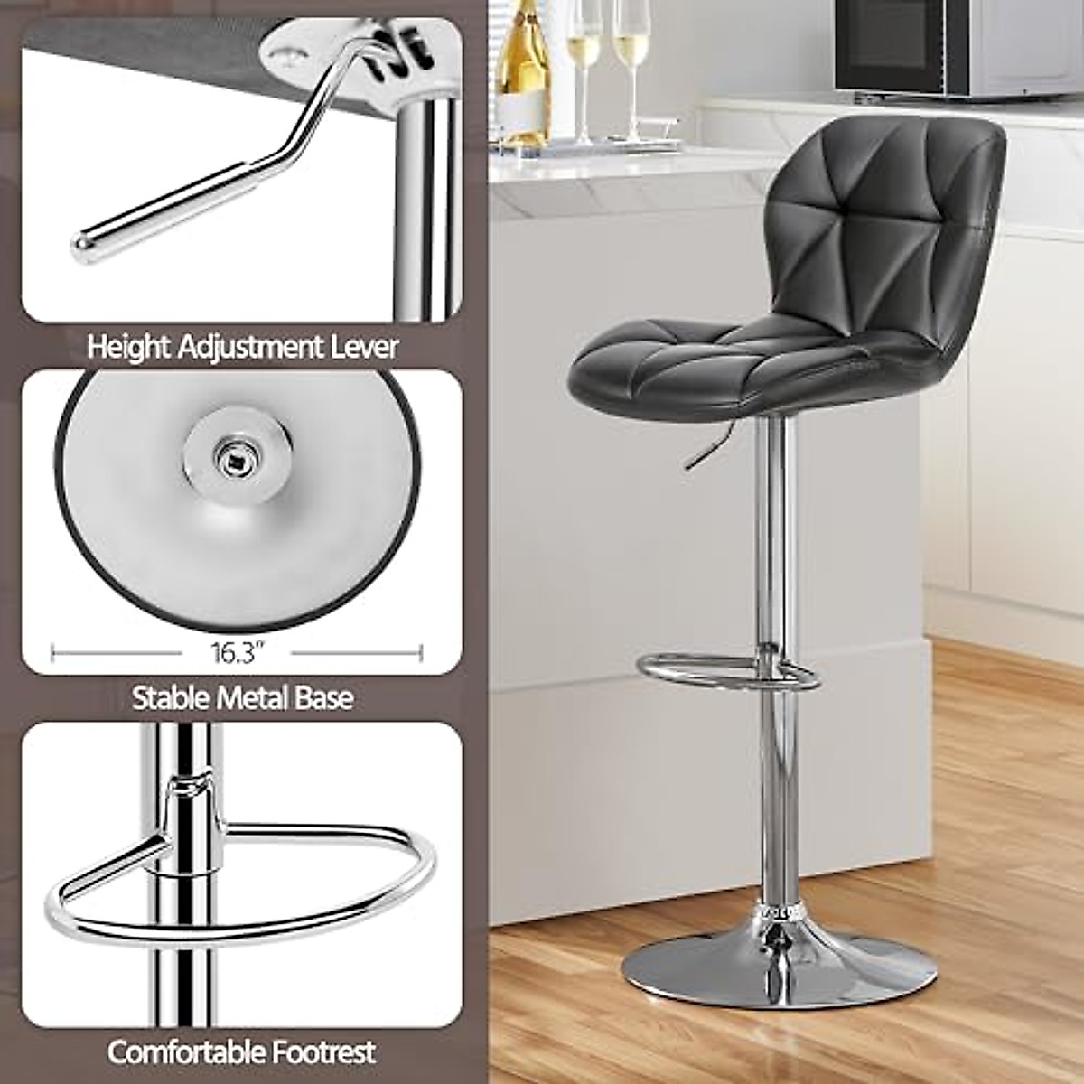 Yaheetech Bar Stools Set of 4, Adjustable PU Leather Swivel Barstools, Modern Counter Stools with Back and Footrest, Counter Height Barstools for Bar, Kitchen, Dining Room, Grey
