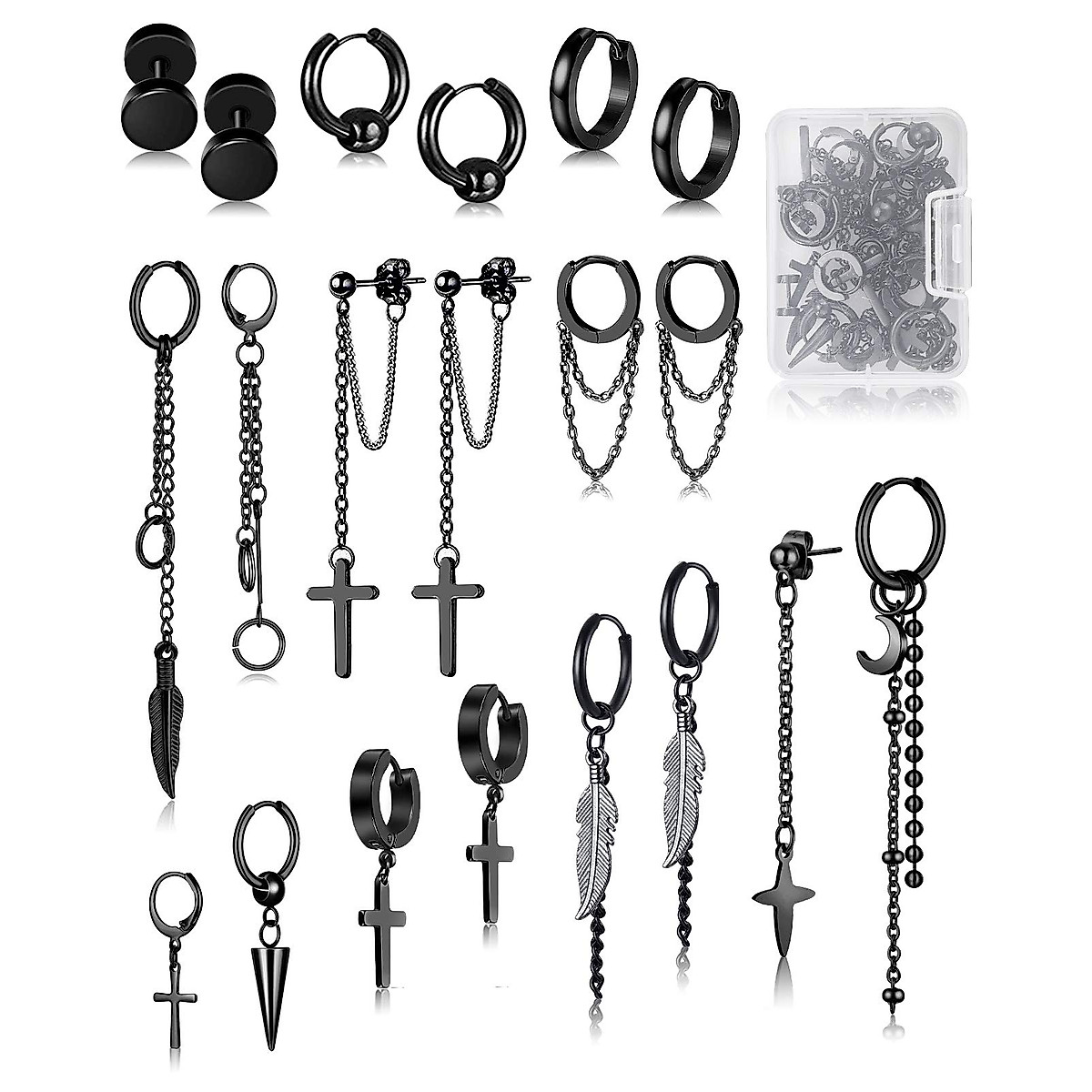 FIFATA 20 Pieces Men Earrings Set - Black Stainless Steel Chain Hoop Earrings Cross Moon and Star Dangle Earrings Piercing Jewelry for Men Women