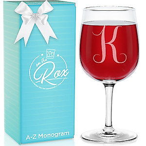 Monogrammed A-Z Wine Gifts for Women - 12.75 oz Engraved Personalized Wine Glass- Funny Wine Lover Monogram Gifts for Women - Unique Wine Glasses Gift Set (K)