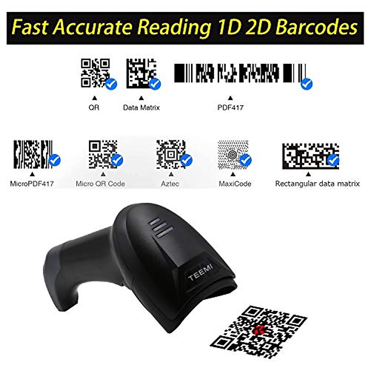 TEEMI QR Bluetooth 5.0 Barcode Scanner with Wall Mountable USB Charging Cradle Data Receiver, 1D 2D Wireless CMOS Screen Scanning PDF417 Data Matrix, Max 300 Yards Transfer Range