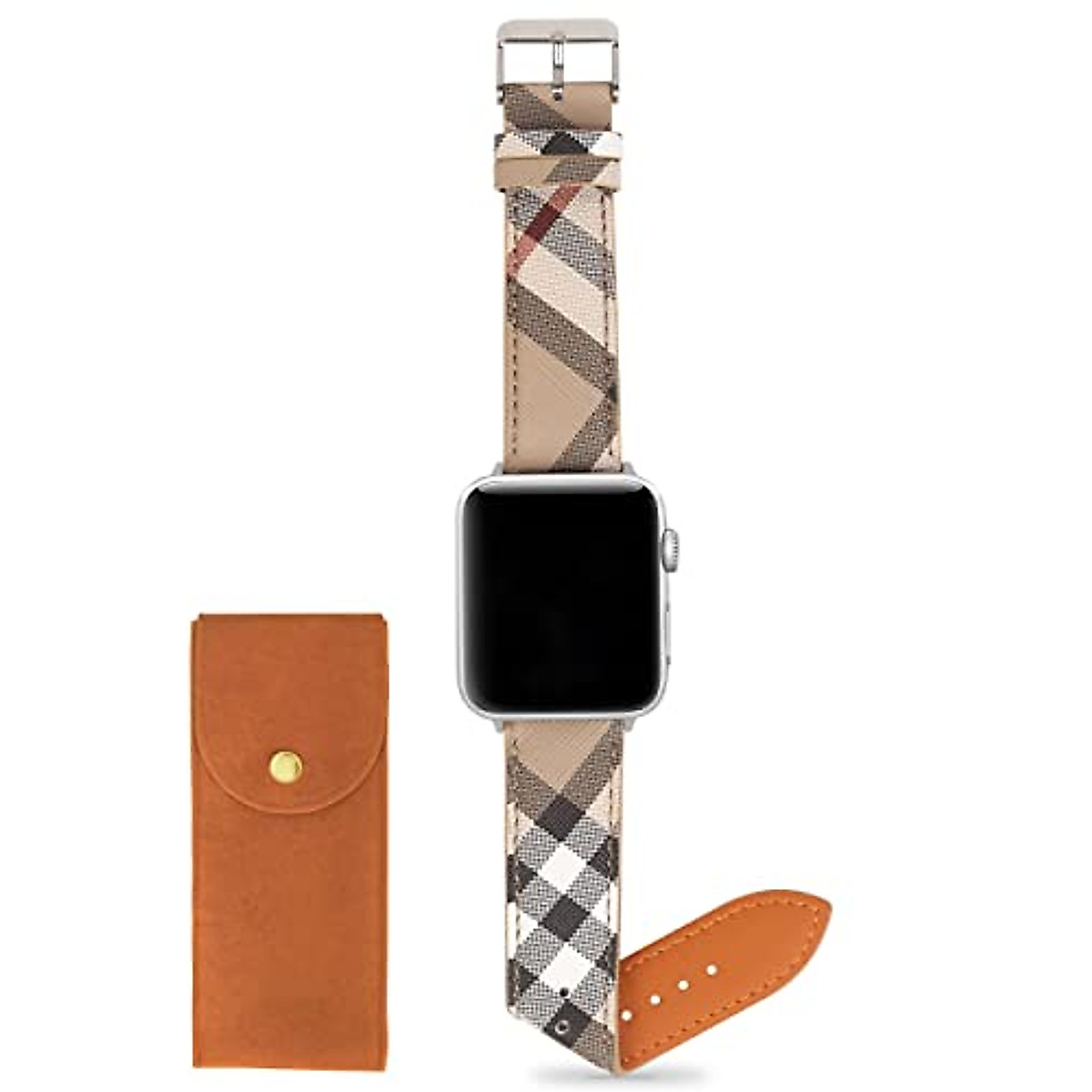 Designer Band Compatible with Apple Watch 41mm 40mm 38mm, Luxury Beige Plaid Elements Soft Leather iWatch Band with Classic Firmly Buckle for iWatch Series9/8/7/6/5/4/3/2/1/SE for Women/Man