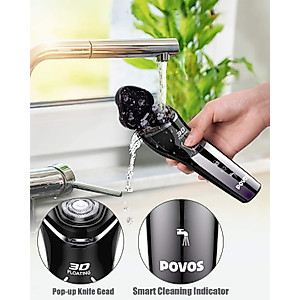 POVOS Electric Razor for Men, Quick Rechargeable Wet and Dry IPX7 Waterproof Electric Shaver,Men’s 3D Rotary Shaving Razor with Pop-up Beard Trimmer,LCD Display, Replacement Blades, and Travel Case