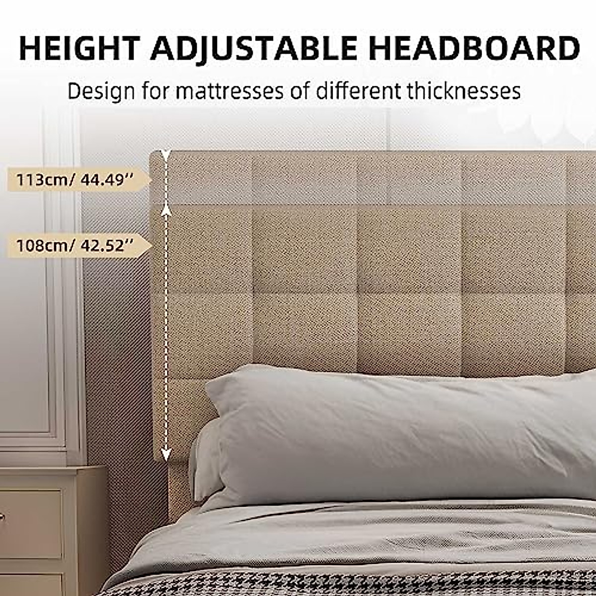 RIDFY Queen Size Bed Frames with LED Lights, Modern Upholstered Platform Bed Frame with Adjustable Headboard, Camas, Heavy Duty Wood Slat Support, No Box Spring Needed,Easy Assembly, Beige