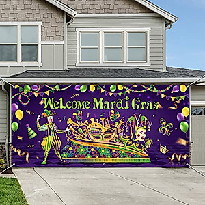 Outdoor Mardi Gras Garage Door Banner Cover Masquerade Party Backdrop Decoration Extra Large Mardi Gras Banner Photo Props Dancing Background for Carnival Birthday Party Supplies 6.1 x 13 ft
