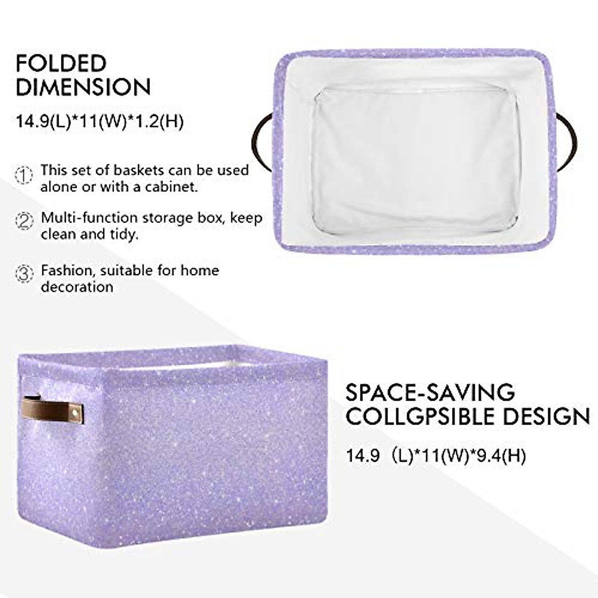 Blueangle Shiny Glitter Lavender Rectangle Storage Bin, 15 x 11 x 9.5 in, Collapsible Organizer Storage Basket for Home Décor
