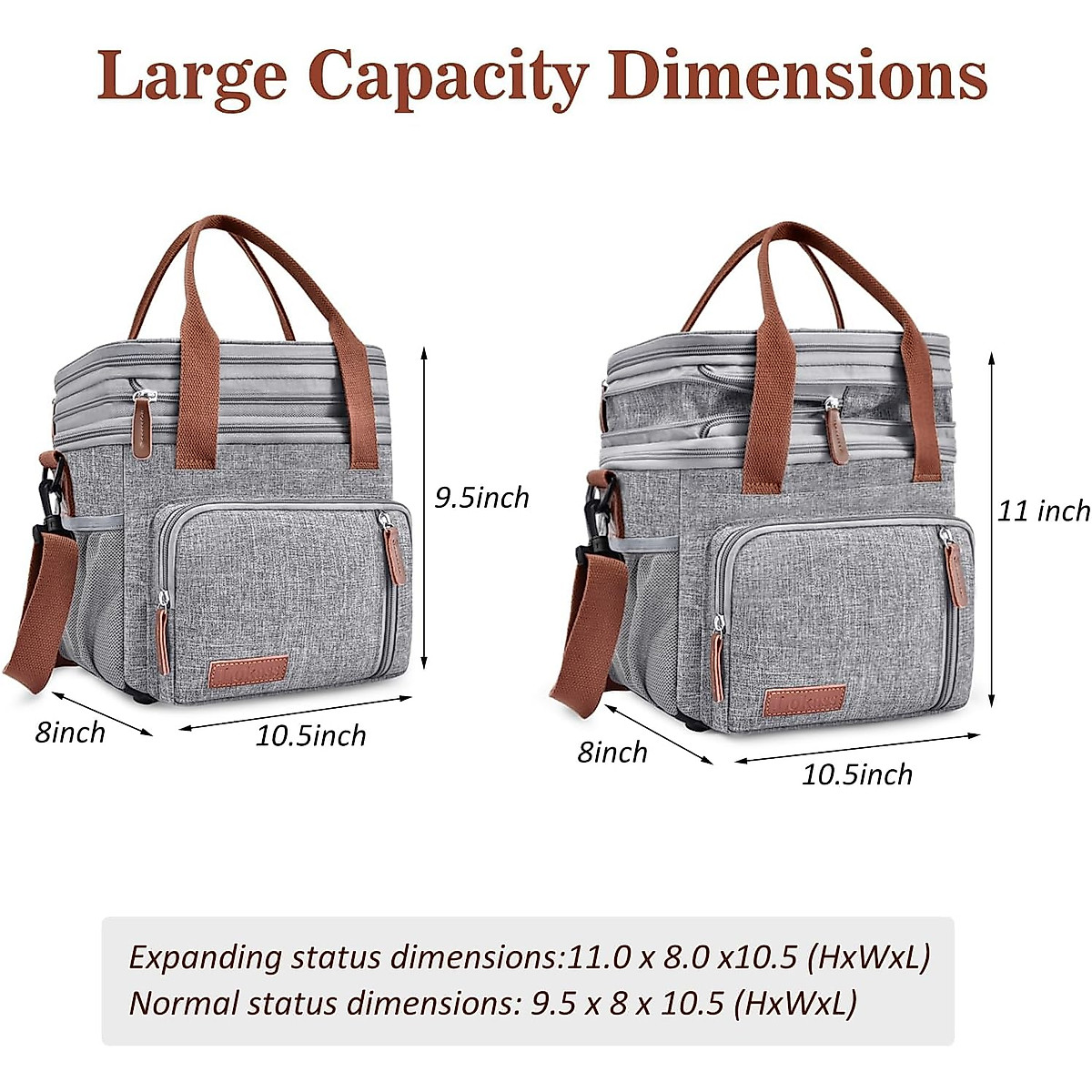 LOKASS Lunch Bag for Women/Men Work, 16L Expandable Double Deck Lunch box, Waterproof Leak-proof Cooler Bag, Portable Meal Prep Lunchbag with Adjustable Shoulder Strap-Grey