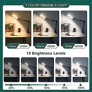 Magnifying Glass with Light Toolour 5X&10X Magnifying Glass Light with 26in Long Arm, 3 Colors Dimming Magnifying Desk Lamp, Lighted Magnifier Glass for Jewelry Close Work Reading Hobby Craft