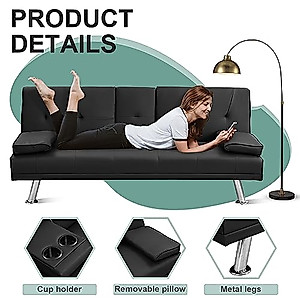 Lunale Futon Sofa Bed, Convertible Tufted Futon Sofa Couch with 2 Cup Holders, Modern Leather Futon Couch with Removable Armrest for Apartment Living Room Small Space, Sleeper Sofa, Black