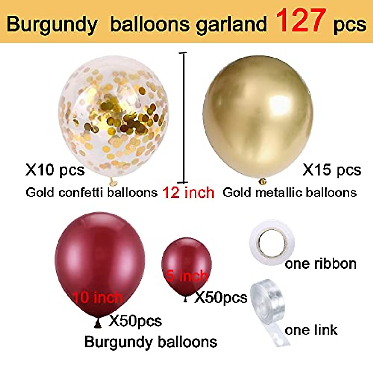 Burgundy and Gold Balloons Garland 127 pcs Confetti Metallic Pastel Latex Balloons kit for Baby Shower Birthday Christmas Graduation or Friend & Family Party Decorations.
