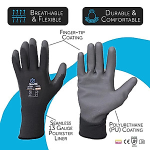 GlovBE 12 Pairs Gardening Working Thin Gloves, Polyurethane (PU) Coated, Safety Rubber Comfort Gloves for Men & Women, Black (Medium)