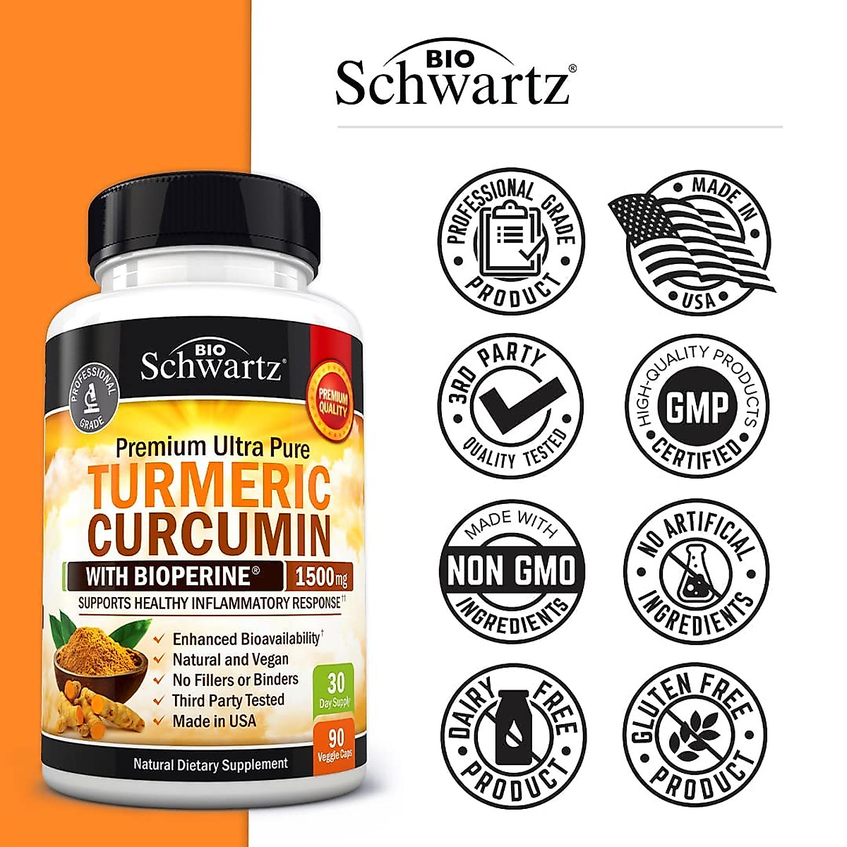 Turmeric Curcumin with Black Pepper Extract 1500mg - High Absorption Ultra Potent Turmeric Supplement with 95% Curcuminoids and BioPerine - Non GMO Turmeric Capsules for Joint Support - 90 Capsules