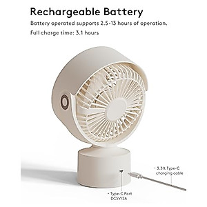 CARONSORT Desk Fan, Small Oscillating Fan for Bedroom, 9 Inch Table Fans Quiet,Desk Air Circulator Fan with 3 Speeds, 4H Time, Rechargeable Fan for Office/Dorm/Room-Beige