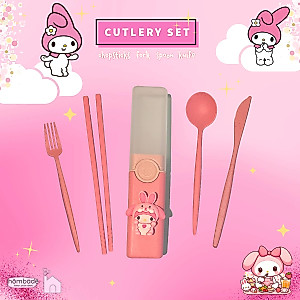 hombäde Plastic Cutlery Tableware Flatware Silverware 5 Piece Set Portable Reusable Travel Cute Kawaii Anime Cartoon Dog Bunny for Boys and Girls (Pink Melody)