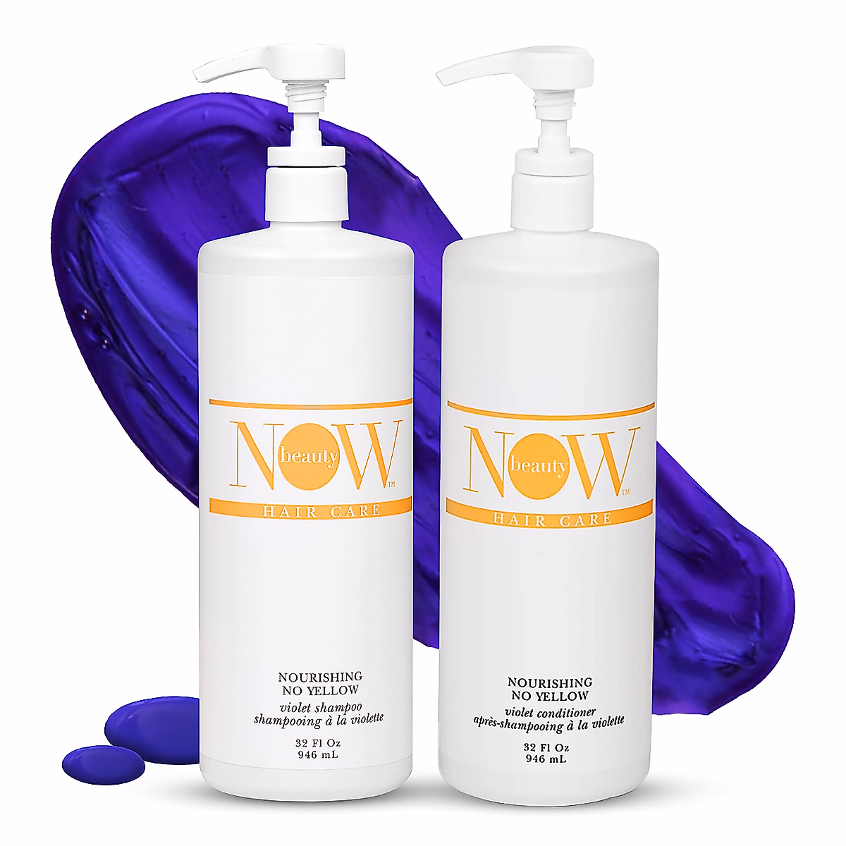 NOW Beauty - Nourishing No Yellow Violet Shampoo And Conditioner - Neutralize Brass, Enhance Shine, Hydrate Hair - 32 Oz Shampoo And 32 Oz Conditioner - 2 Pc