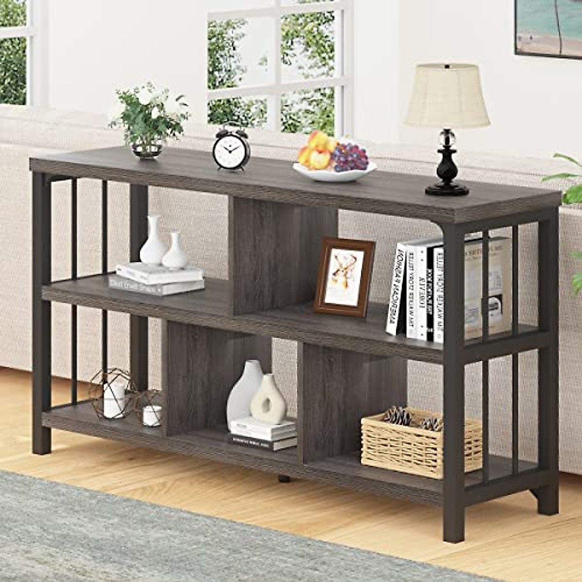 IBF Industrial 5 Cube Storage Organizer Bookshelf, Rustic Low Horizontal Book Shelf, Metal and Wood Cube Bookcase for Bedroom, Modern Wide Cubby Shelf for Living Room Home Office, Dark Grey Oak, 47 In