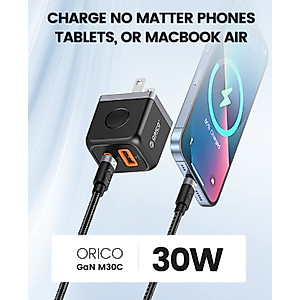ORICO GaN USB C Charger with USB C Cable, 30W Power Delivery + QC3.0 USB A Double Port Fast Charging Adapter, Mini Wall Charger Compatible with iPhone 14 13 12 Pro Max Galaxy, iPad, MacBook Air