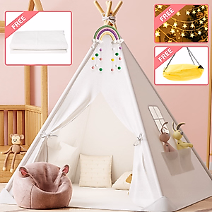 Large Kids Teepee Tent for 2 3 4 5 6 Year Old Girls, Kids Foldable Play Tent with Padded Mat & Light String, Ideal Gifts Toys Tent, White Canvas Teepee Indoor Outdoor Games, Kids Playhouse for Boys