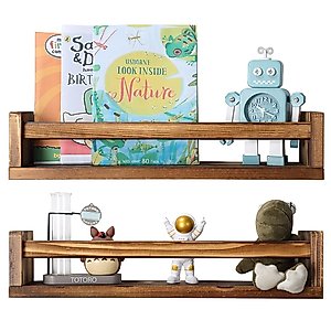 DUICIRX Nursery Room Shelves Set of 2, Wood Floating Book Shelves for Kids Room, Baby Book Shelf for Nursery, Kitchen Spice Rack (Dark brown- 2 Pack)