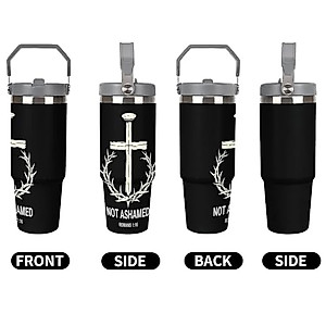 Christian Cross Not Ashamed Romans 116 Crown 30 OZ Insulated Tumblers with Handle And Straw Leakproof Vacuum Insulated Stainless Steel Water Bottle for Car Fishing Travel