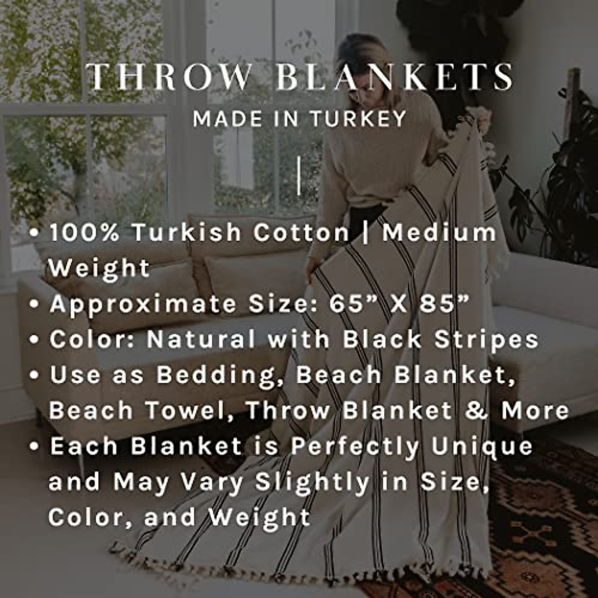 Sweet Water Decor Turkish Cotton Throw Blankets | Large Size 65 x 85 | Cream with Black Decorative Stripes | Boho, Rustic, Farmhouse | Indoor, Outdoor Cover (Henley - Four Stripes)