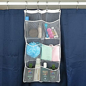 Bonlting 4 Rings Quick Dry Hanging Caddy and Bath Organizer with 6-Pocket, Hang on Shower Curtain, Shower Organizer, Mesh Shower Caddy, Bathroom Accessories, Save Space in Small Bathroom Tub