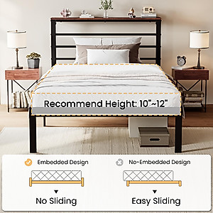 SHA CERLIN Twin Size Bed Frame with Headboard Shelf and Strong Metal Foundation, No Box Spring Needed, Brown