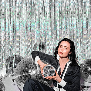 KatchOn, Holographic Silver Streamer Backdrop - XtraLarge 3.2x8 Feet, Pack of 2 | Silver Fringe Backdrop for Silver Streamers Party Decorations | Silver Tinsel Backdrop for Disco Party Decorations