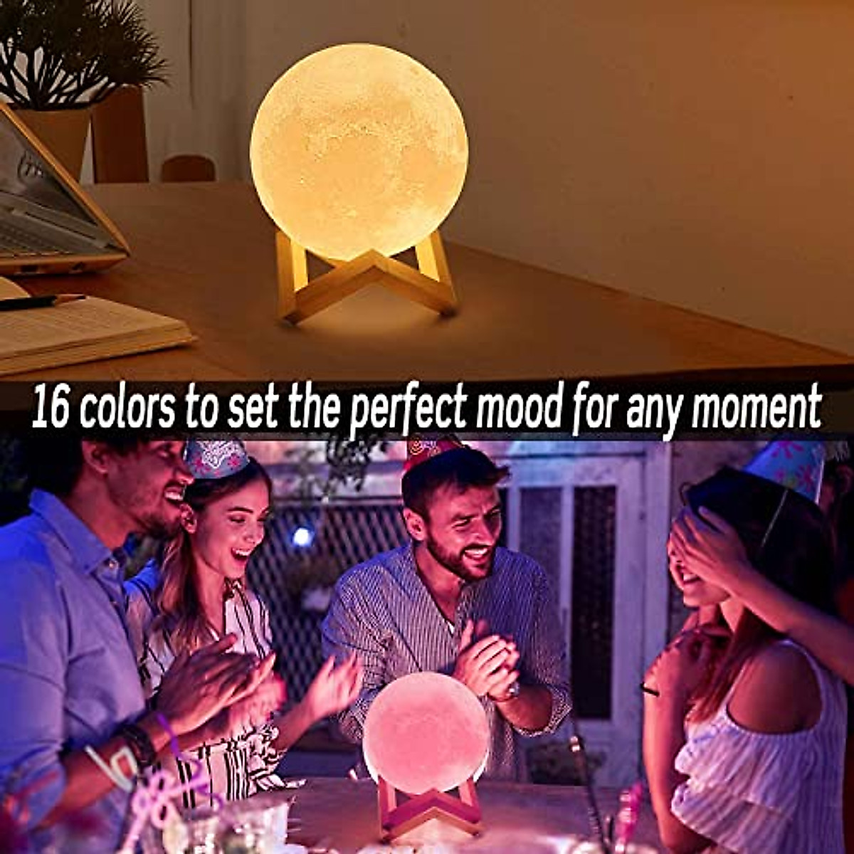 Mydethun 16 Colors Moon Lamp - Home Décor, Party Light with Brightness Control, LED Night Light, Bedroom, Living Room, Meditation, Birthday Gift, with Remote Control and Wooden Base, 4.7"