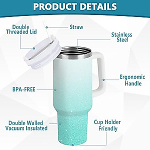 Caikeny Insulated Tumblers with Lid and Straw Blue Turquoise Teal Glitter 40 oz Reusable Stainless Steel Cup Water Bottle Coffee Travel Tumbler Mug for Women Men