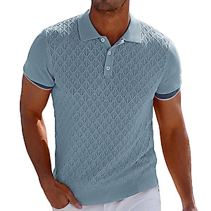 Mens Short Sleeve Polo Shirts Vintage Contrast Texture Knit Lightweight Pullover Tops for Golf Sport M Grey Blue