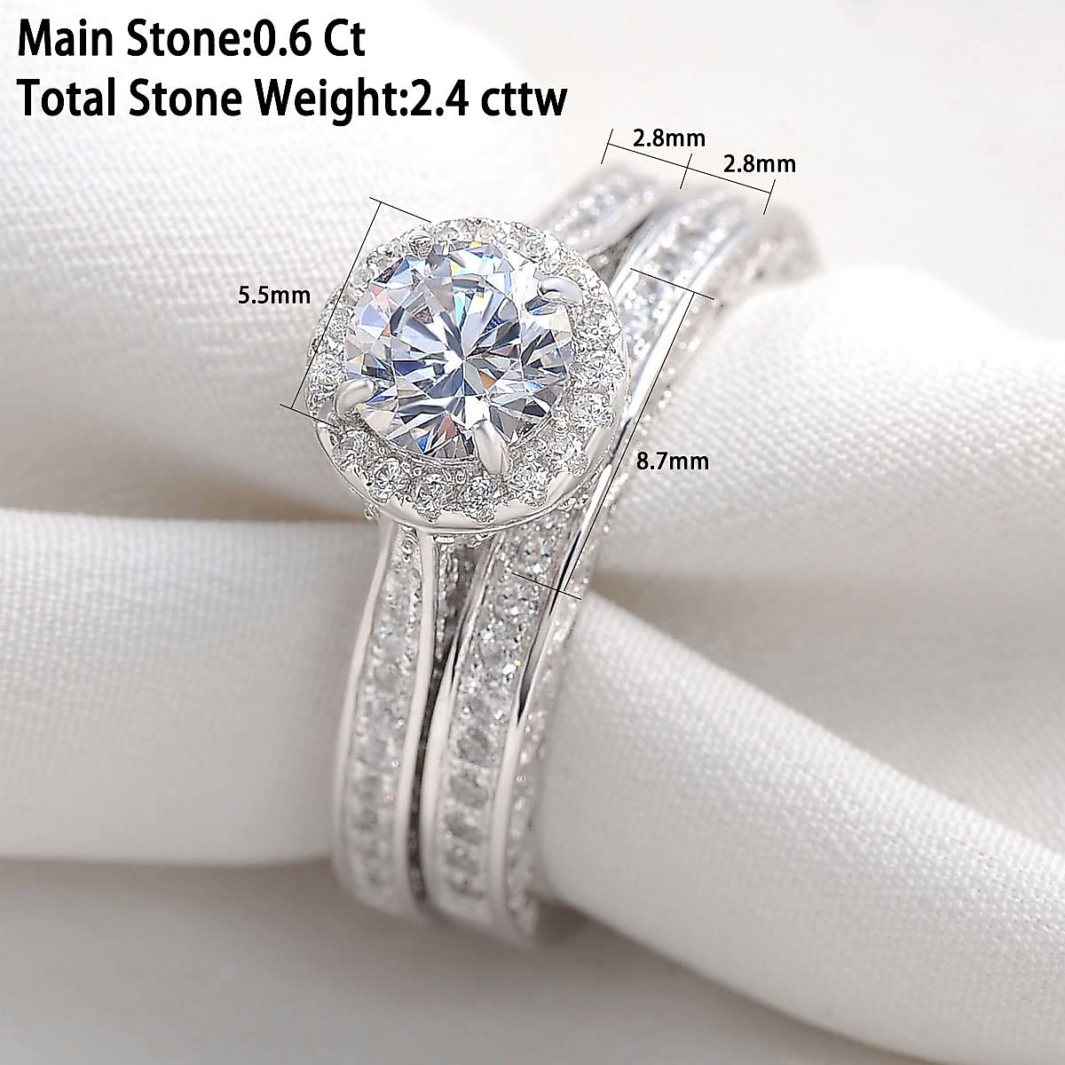 Newshe Wedding Rings for Women Engagement Ring Set 925 Sterling Silver 2.4Ct Round White AAAAA Cz Size 7