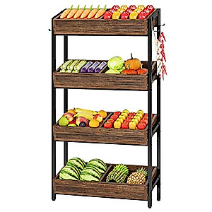 LITTLE TREE 4-Tier Wood Fruit Vegetable Storage Basket Stand Versatile Utility Shelf Rack for Kitchen, Office, Store, Supremarket, Vintage Brown