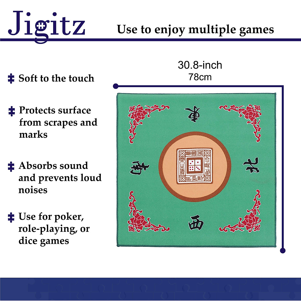 Jigitz Green Game Mat with Case - Classic Chinese Mahjong Table Mat - 30.8 x 30.8in Felt Table Cover Mahjong Mat