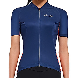 Santic Women's Cycling Jersey Short Sleeve Biking Shirt Full Zip Tops with 3 Pockets Breathable Quick Dry Navy