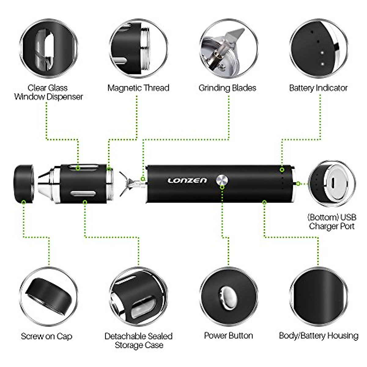 Rechargeable Electric Dry Herb Grinder - LONZEN 2018 Best Design. Crush the Toughest Spice with Heavy Duty Stainless Steel Blades. Clear Glass Dispenser Window. 2 - Year Warranty.