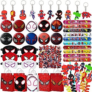TLTSDWQ spidey and his amazing friends birthday decorations,110Pcs Party Favors,Include 10 Circles,10 Pattern Decorations,10 Key Chains,10 Masks,10 Gift Bags,10 Straws and 50 Stickers