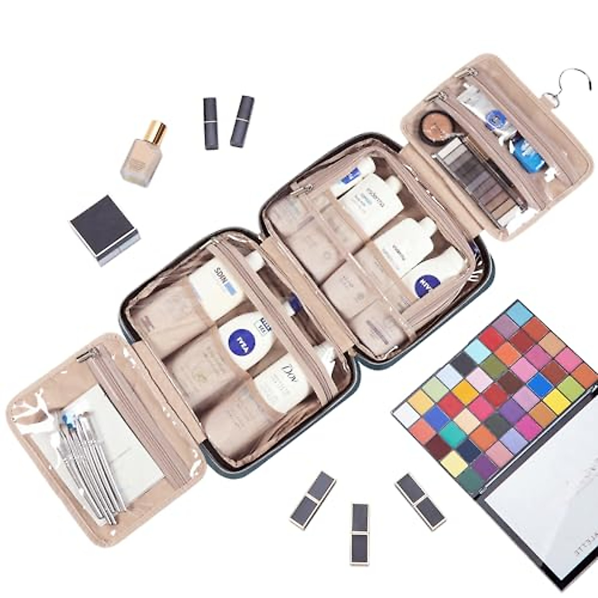 NISHEL Travel Toiletry Bag for women, Portable Hanging Organizer for Full-Sized Shampoo, Conditioner, Brushes Set, Makeup Accessories, Large Size, Lake-Blue