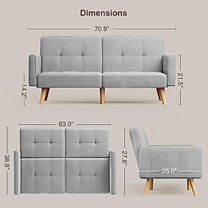 Gizoon Futon Couch Bed, 70.9" Sleeper Sofa with Adjustable Backrest, Modern Folding Daybed for Living Room, Dorm, Bedroom, Apart, 6 Legs and 2 Extra Support Rods, Removable Armrests