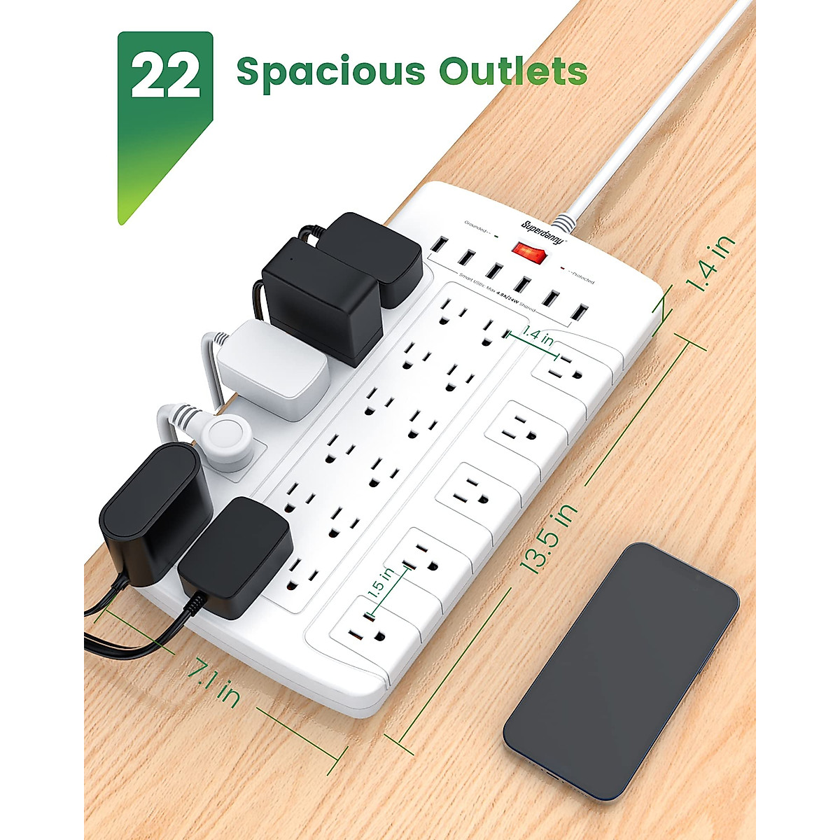 Power Strip, SUPERDANNY Surge Protector with 22 AC Outlets and 6 USB Charging Ports+ 【6.5Ft & 22 Outlets & 6 USB Ports】 1050J Surge Protector Power Strip SUPERDANNY Flat Plug Extension Cord