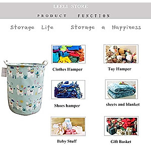 LEELI Laundry Hamper with Handles Collapsible Canvas Laundry Basket,Waterproof Storage Basket Home Organizer for Nursery,Clothes,Toys,Baby Hamper19.7×15.7(Blue Llama)