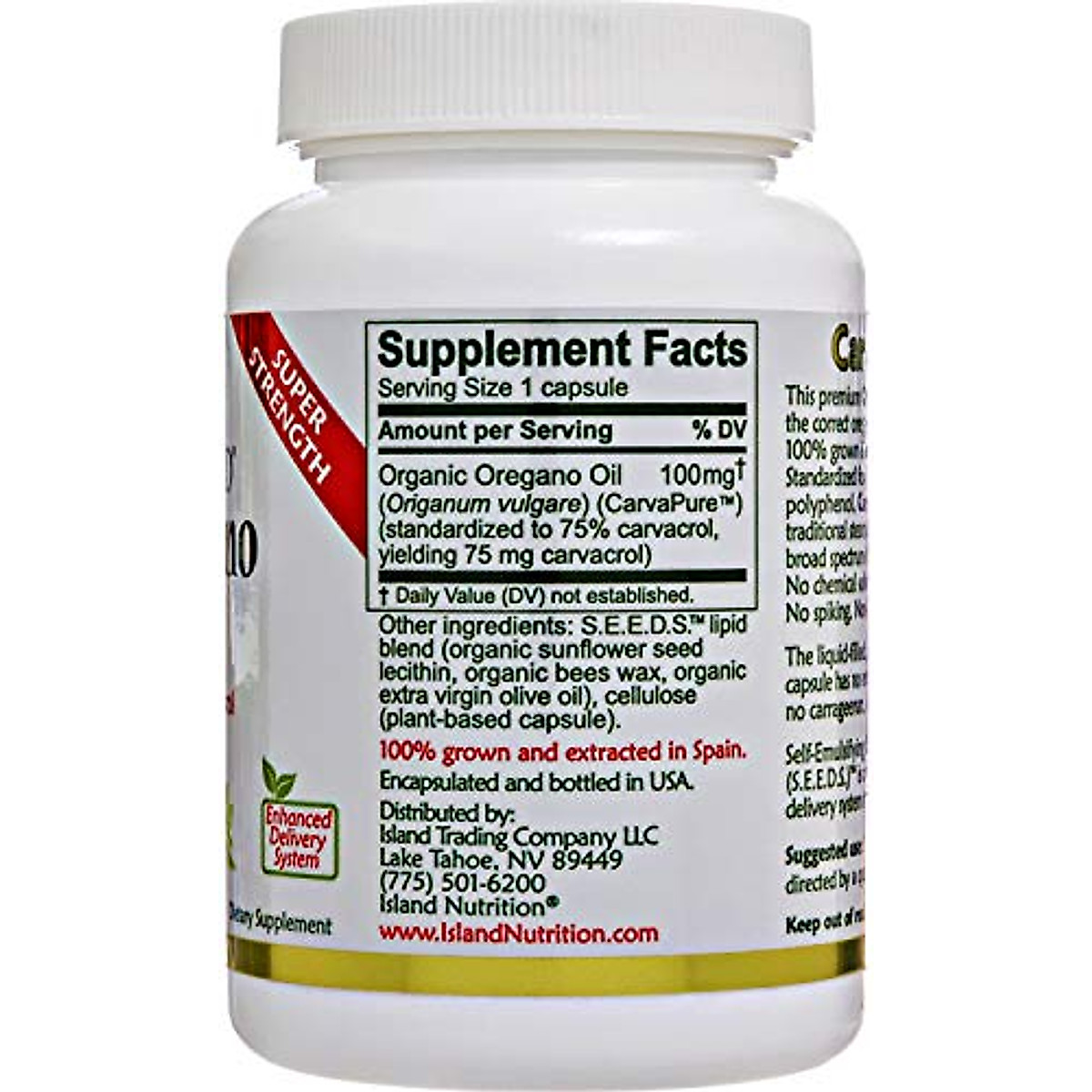 Island Nutrition, Oregano Oil Capsules, Liquid-Filled - Super-Strength Immune Support - Organic Ingredients - 75% Carvacrol - Grown in Spain - Oil of Oregano Capsules with Enhanced Delivery (90 Count)