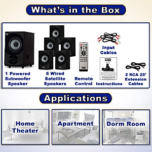 Acoustic Audio by Goldwood AA5172 Home Theater 5.1 Bluetooth Speaker System with USB and 2 Extension Cables,Black