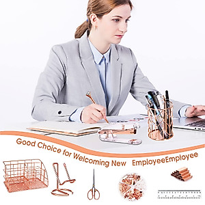 KAAKOW Rose Gold Desk Organizers and Accessories Office Supplies Set Stapler, Pen Holder, Phone Holder, Scissors, Pen, Ruler, 30 Paper Clips, 22 Binder Clip, 20 Tacks and 1000pcs Staples (Rose Gold)