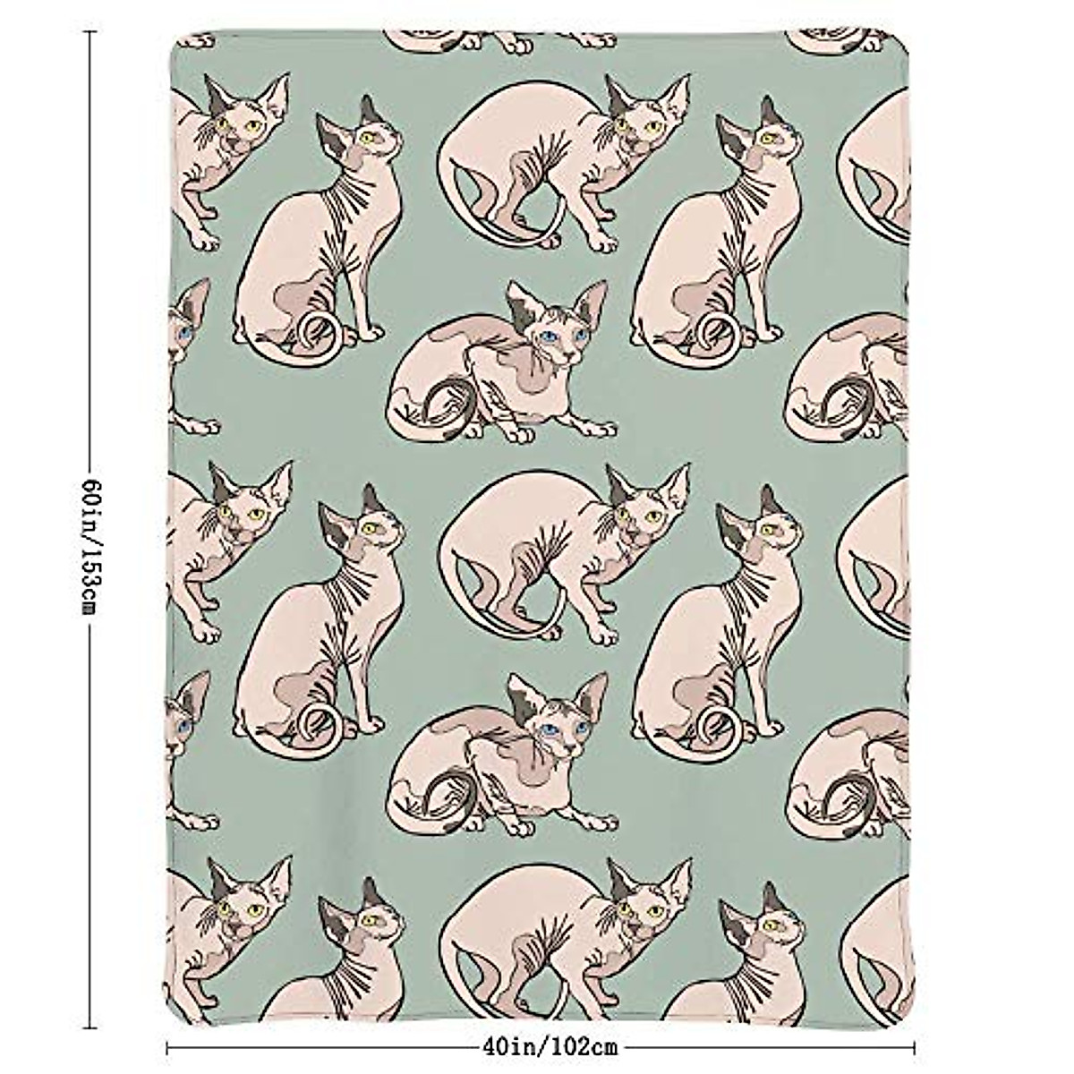 Hairless Naked Cats Sphynx Cats Mint Green Couch Blanket ,Fleece Throw Blanket Super Soft Warm Therma Plush Bed Couch Living Room