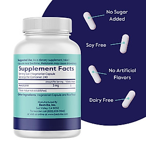 BESTVITE Melatonin 3mg (240 Vegetarian Capsules) - No Crospovidone - No Dextrose - No Dicalcium Phosphate - No Stearates - Vegan - Non GMO - Gluten Free - Easy to Swallow Capsule