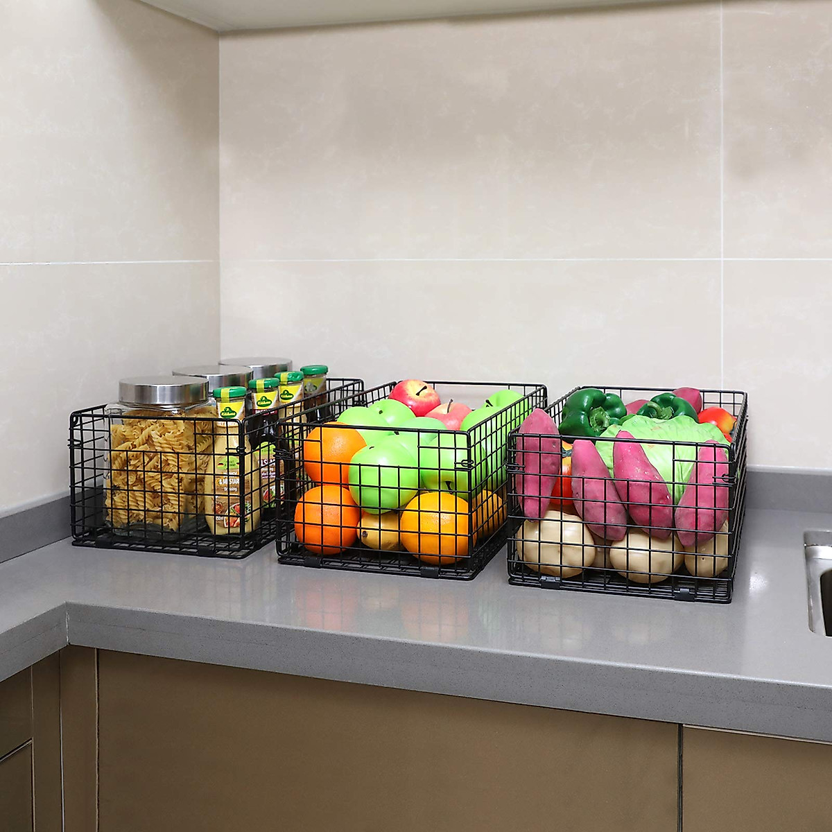 X-cosrack Foldable Cabinet Wall Mount Metal Wire Basket Organizer Pantry Basket with Handles - 3 Pack -16" x 9 1/2" X 6", Food Storage Mesh Bin for Kitchen Bathroom Laundry Closet Garage Patent Design