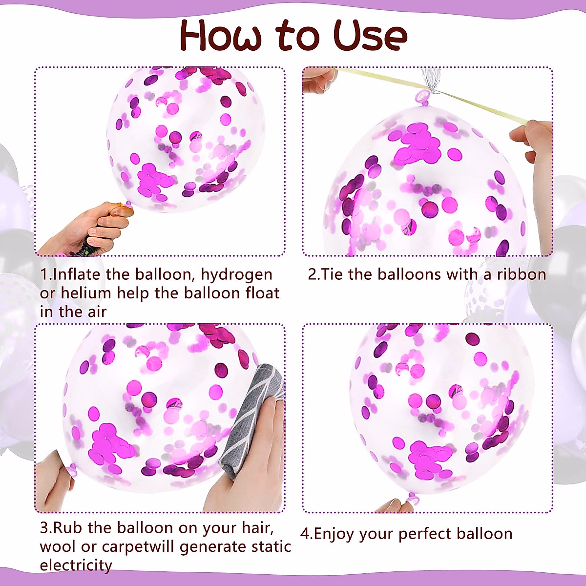 50Pcs Purple and Black Balloons, 12inch Purple Metallic Silver Black Balloons Purple Confetti Balloons with Ribbons for Halloween Decorations Birthday Party Anniversary Graduation Decoration